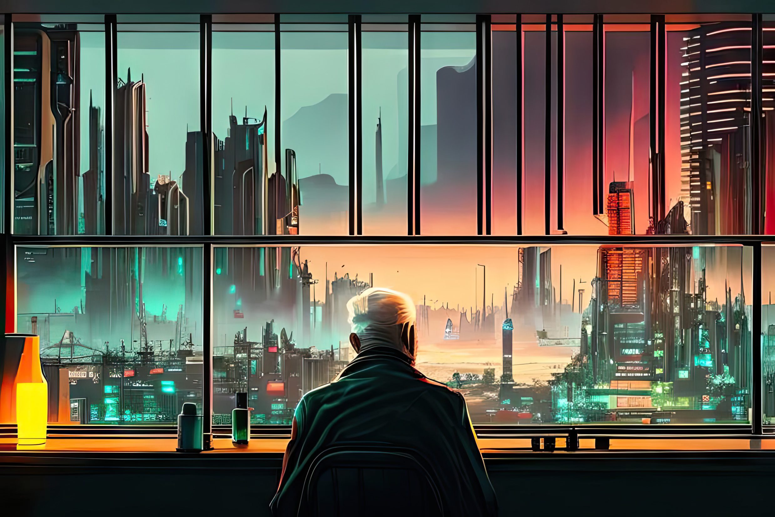 2x UpscaleOld man looking out the window to a super high-tech world ...